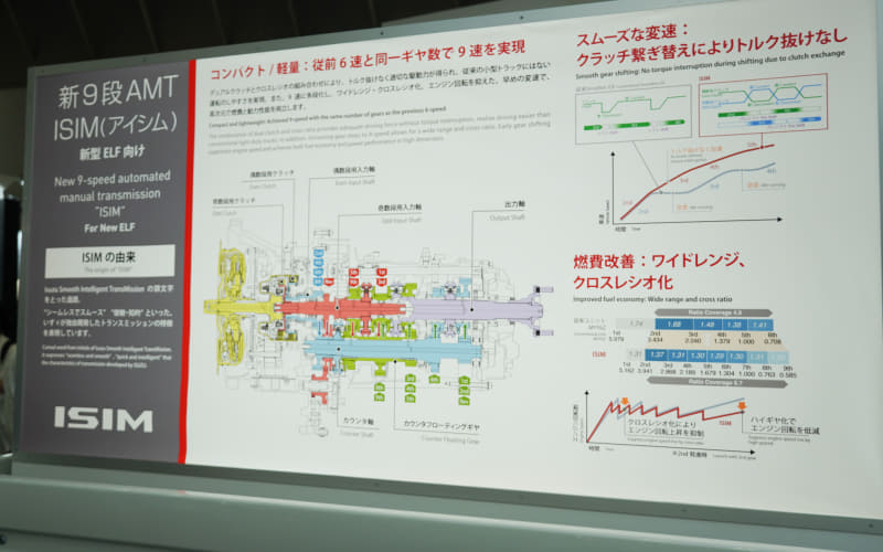 3月デビューの新型「エルフ」と9速DCTを展示するいすゞブース