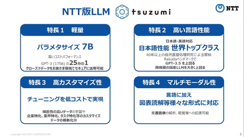NTT版LLM「tsuzumi」の商用サービスがスタート、世界トップクラスの日本語性能を実現 - クラウド Watch