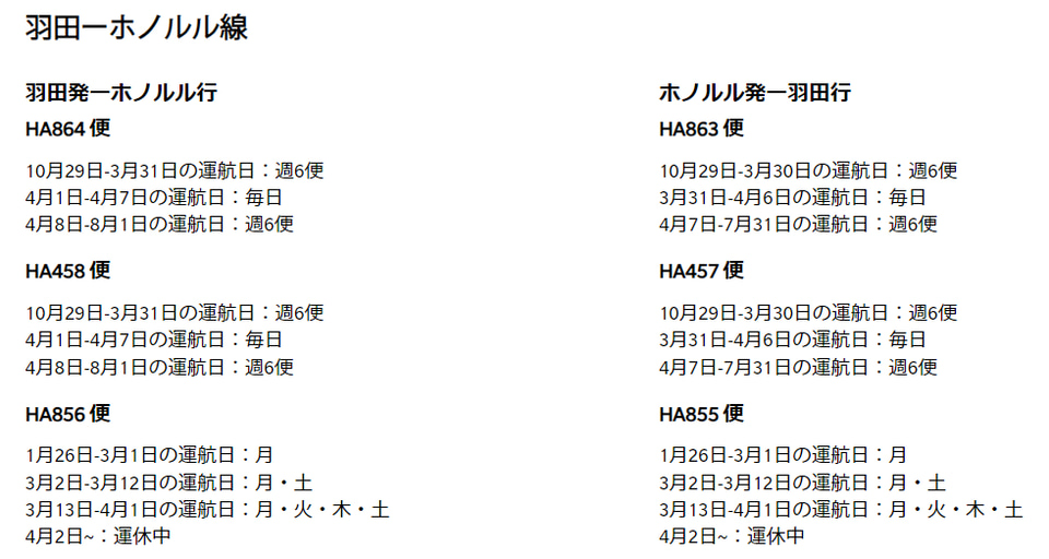 ハワイアン航空、羽田～ホノルル/コナ線の各1往復を運休。深夜発着便で4月から 深夜発着枠を返上 - トラベル Watch