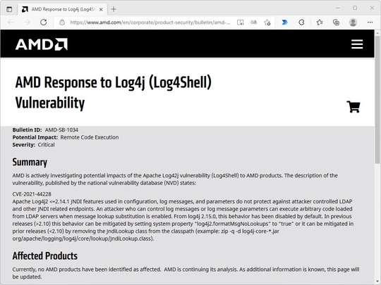 Intel、AMD、NVIDIAが「Apache Log4j」脆弱性（Log4Shell）の影響を公表 - 窓の杜