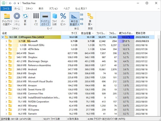 「TreeSize Free」がついに64bit化 ～ファイルのディスク占有率を高速に可視化する無償アプリ - 窓の杜