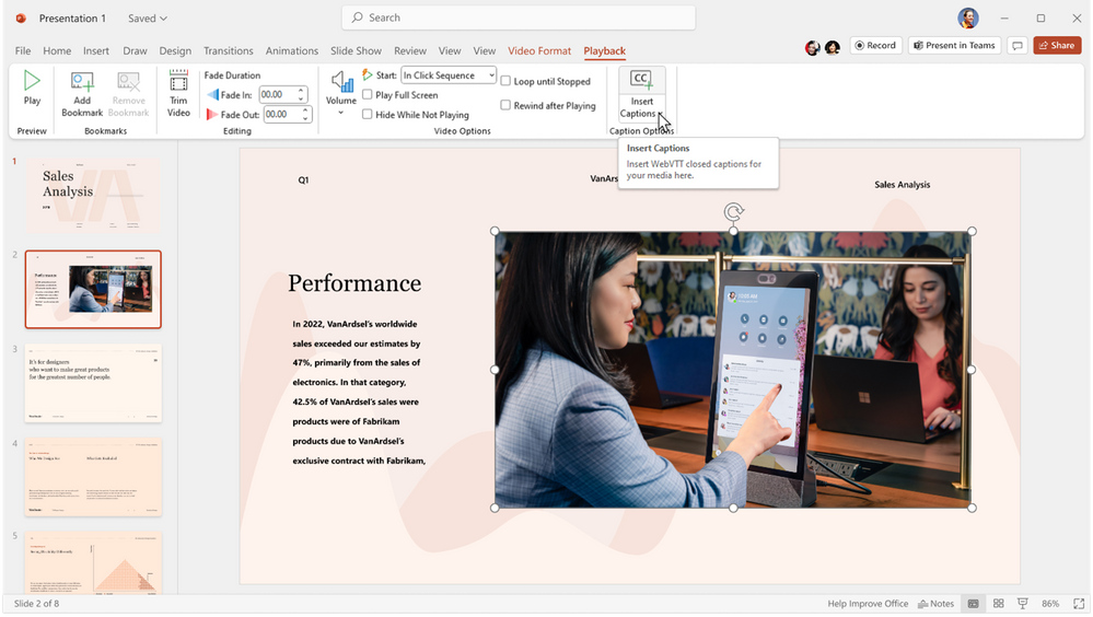 「PowerPoint Live in Teams」でスライド内のビデオでクローズドキャプションが利用可能に - 窓の杜