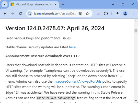 「Edge 124」でHTTPコンテンツがダウンロードできないトラブル ～Microsoftが変更を撤回 - やじうまの杜 - 窓の杜