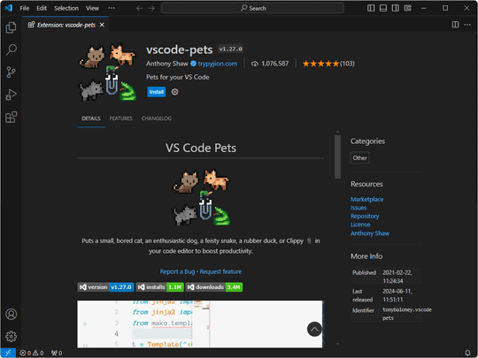 「Visual Studio Code」に癒しを！ ペットがコーディングに寄り添ってくれる拡張機能【レビュー】 - 窓の杜